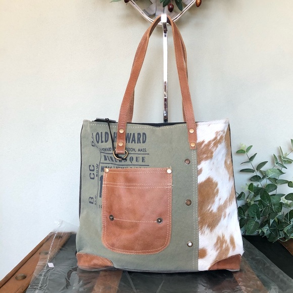 Myra Bag | Bags | Myra Bag Leather Pocket Tote Upcycled Canvas Nwt ...